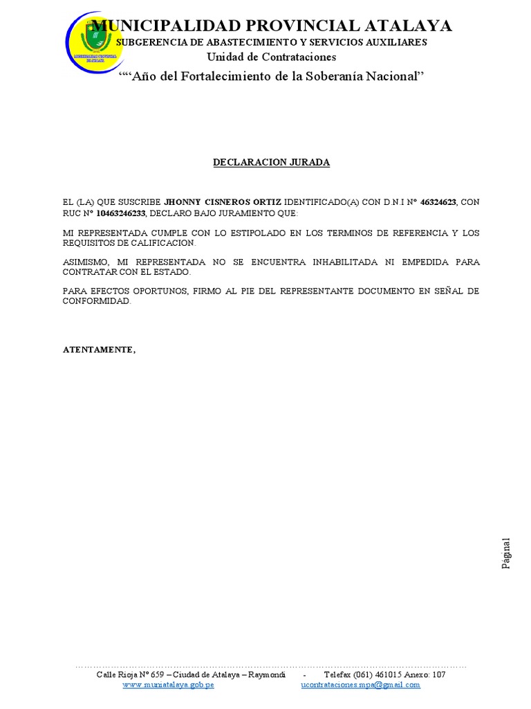 Declaracion Jurada Del Proveedor | PDF