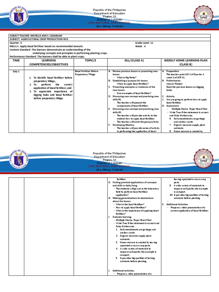 Time Learning Competencies/Objectives Topic/S DLL/ (Class A) Weekly ...