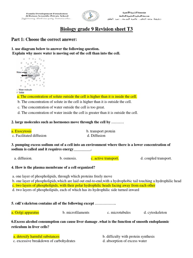 Biology Grade 9 t3 Revision Sheet With Answer Key | PDF | Cell (Biology ...