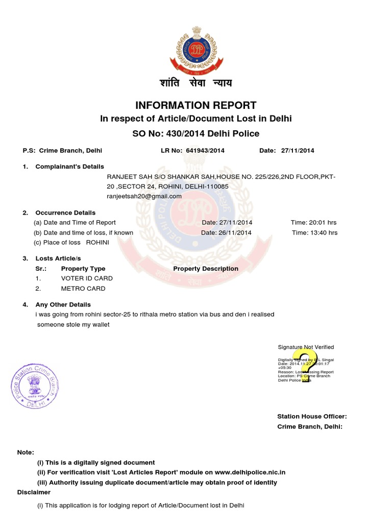 Information Report: in Respect of Article/Document Lost in Delhi SO No ...