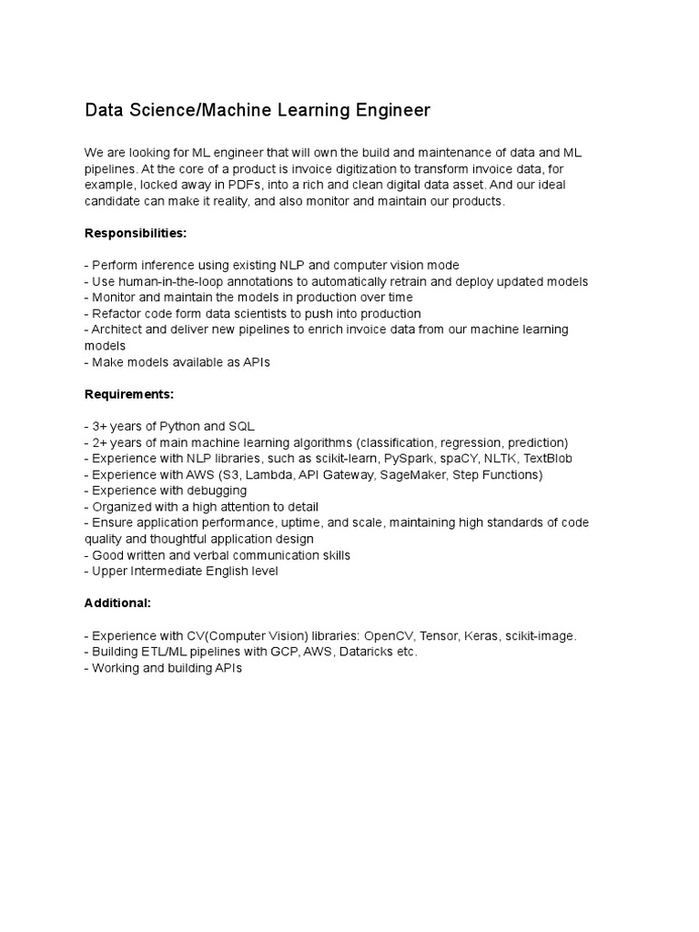Data Science/Machine Learning Engineer: Responsibilities | PDF | Python (Programming Language ...