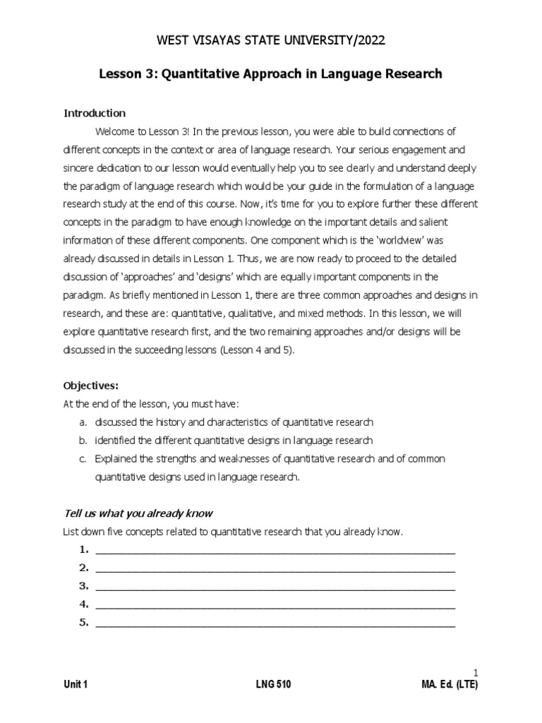 Lesson 3: Quantitative Approach in Language Research: West Visayas State University/2022 | PDF ...