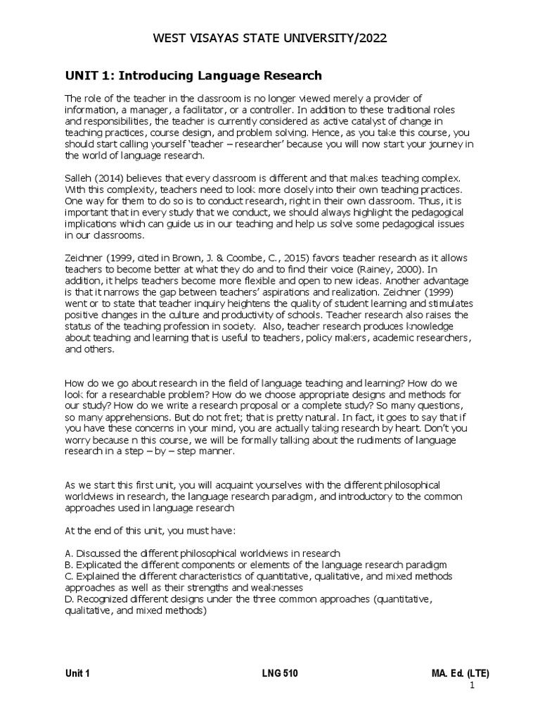 UNIT 1: Introducing Language Research: West Visayas State University ...
