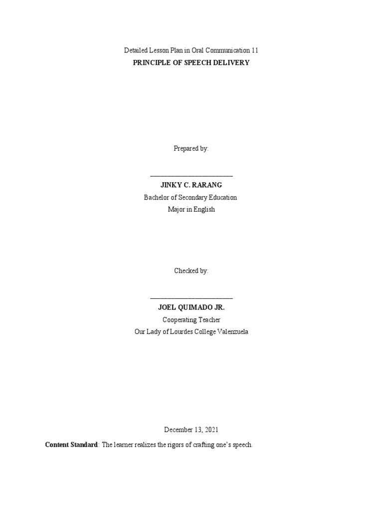 Principle of Speech Delivery: Detailed Lesson Plan in Oral ...
