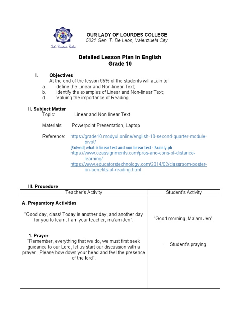 Detailed Lesson Plan in English Grade 10: Our Lady of Lourdes College ...