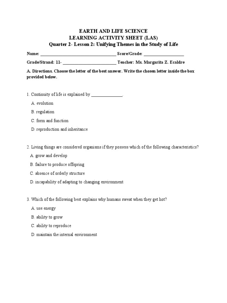 Las - Q2-Lesson 2-Unifying Themes in The Study of Life | PDF | Life ...