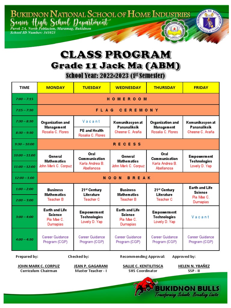 Grade 11 Classroom Program 1st SEM 2022 2023 Non Shift | PDF | Academic ...