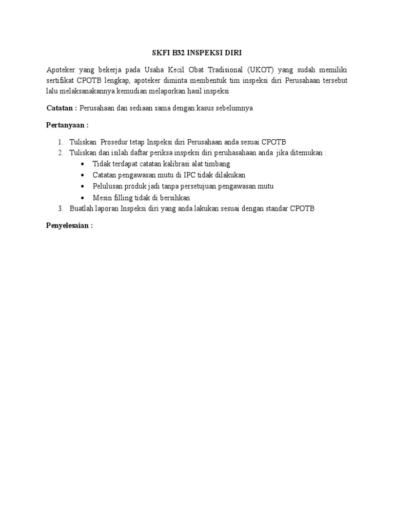Prosedur Inspeksi Diri CPOTB UKOT | PDF | Bisnis | Kesehatan Holistik