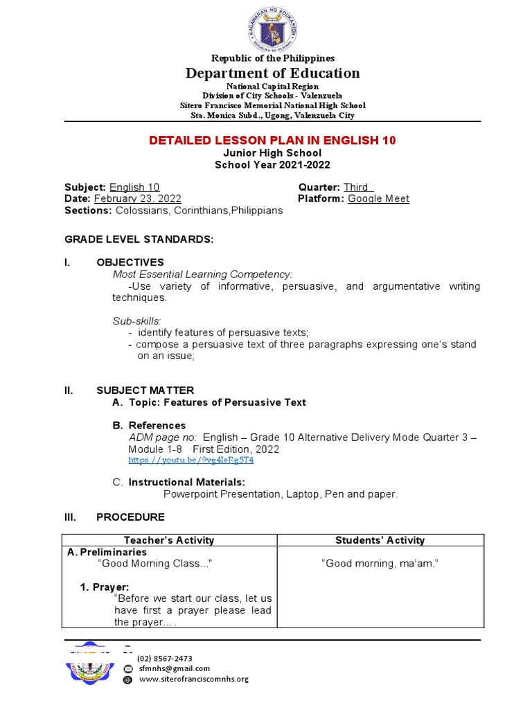 Department of Education: Detailed Lesson Plan in English 10 | PDF ...