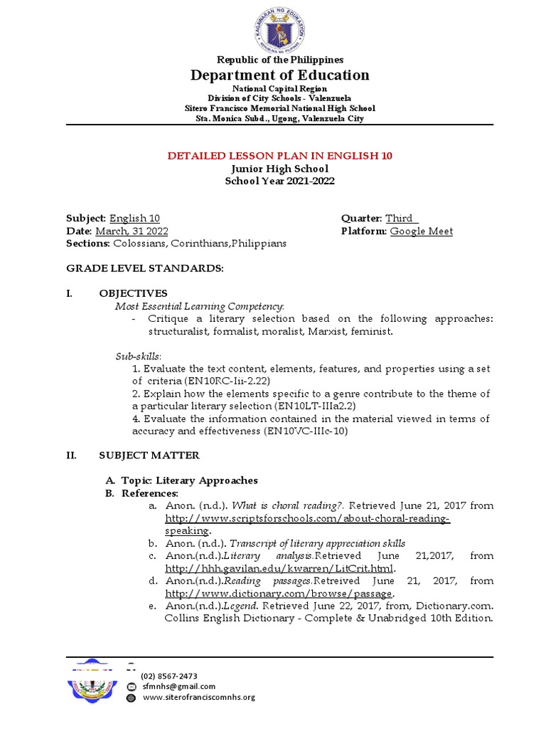 Literary Criticism Lesson Plan for Grade 10 | PDF | Literary Criticism ...