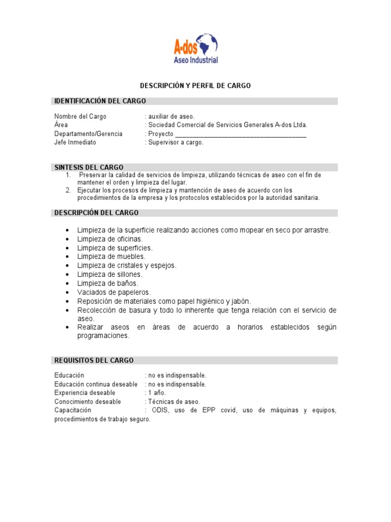 Descriptor de Cargo Lider | PDF | Higiene | Business