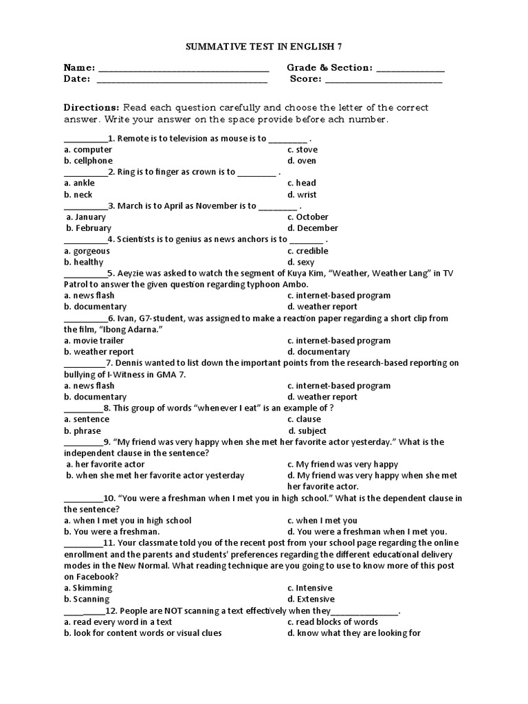 Summative Test Q1 G7 | PDF | Grammar | Language Mechanics