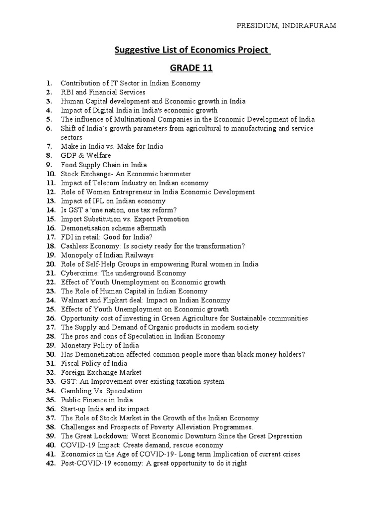 Economics Project Topics for Class 11 | PDF | Economy Of India | Economies