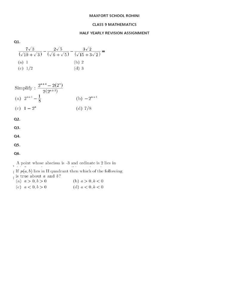 Maxfort School Rohini Class 9 Mathematics Half Yearly Revision Assignment Q1 | PDF
