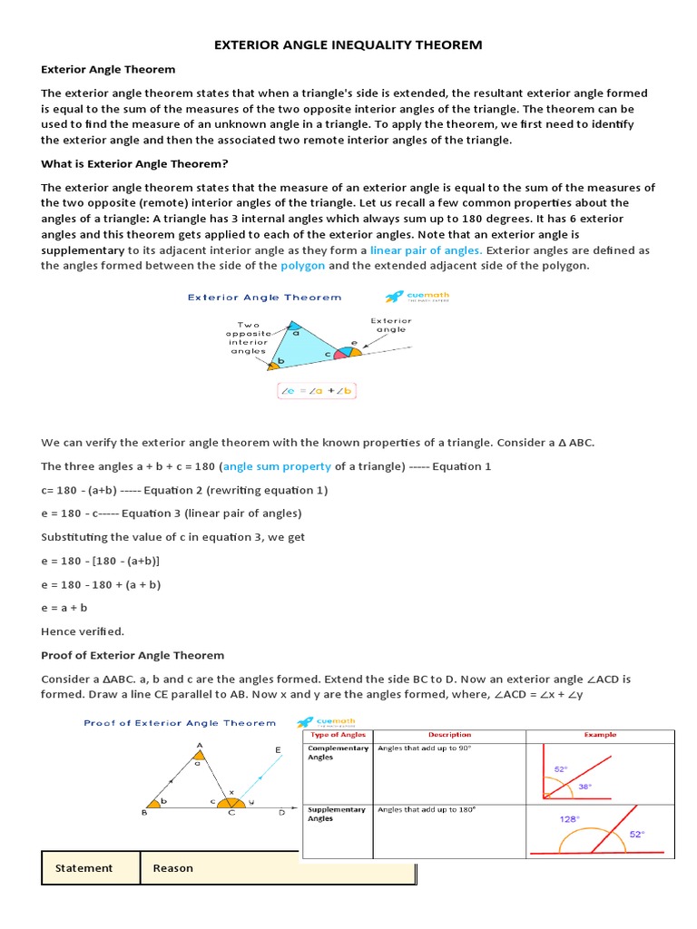 EXTERIOR ANGLE INEQUALITY THEOREM | PDF