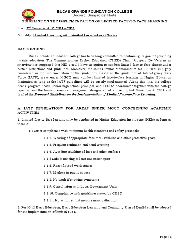 Bucas Grande Foundation College Guideline On The Implementation of Limited Face-To-Face Learning ...