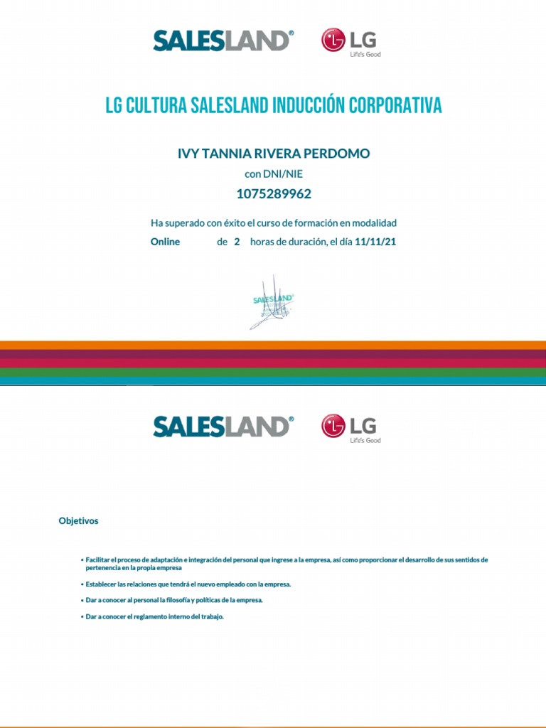 Certificado Induccin Cultura Salesland | PDF