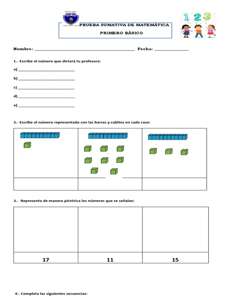 PRUEBA DE NUMERACION HASTA EL 20 1° Basico | PDF