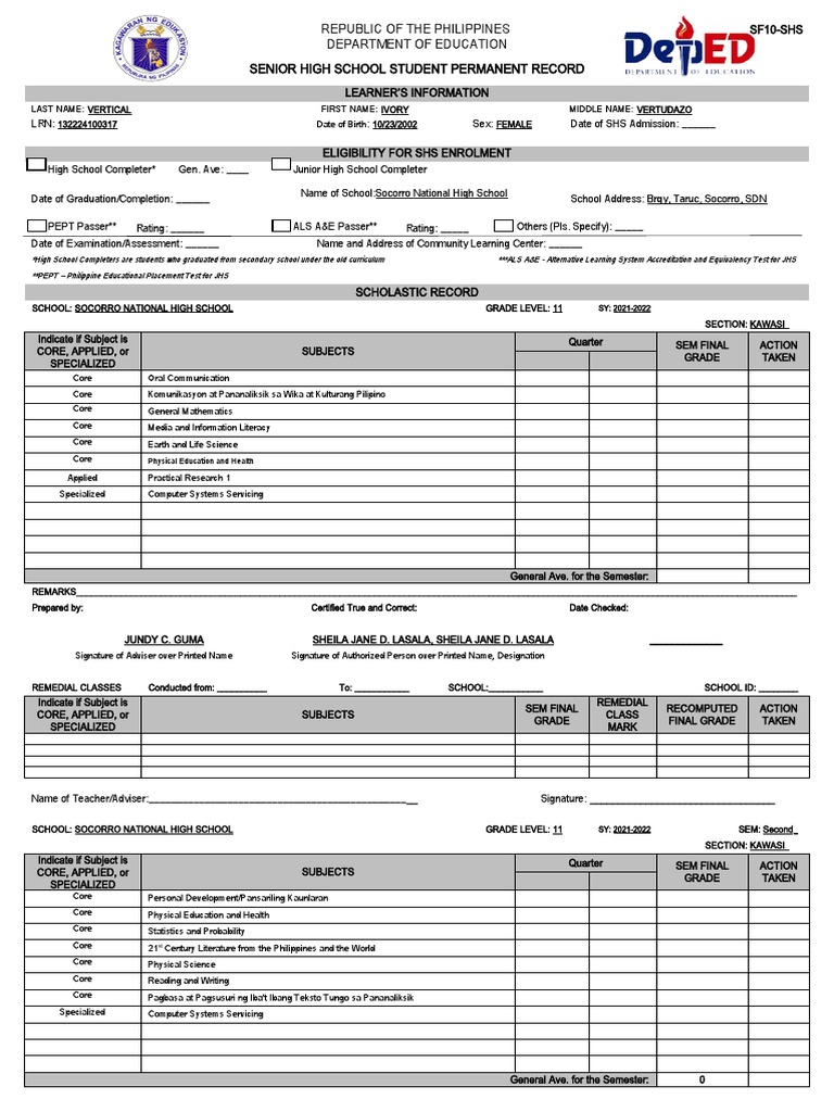 Republic of The Philippines Department of Education Senior High School ...
