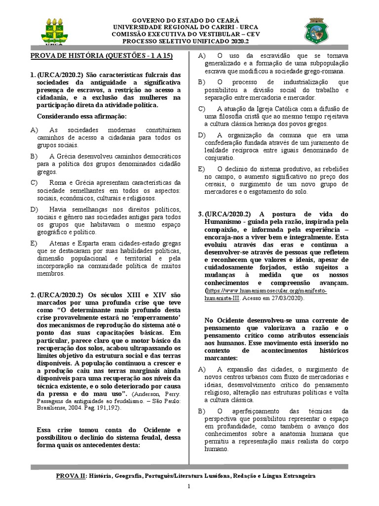 Prova de História URCA 2020.2 | PDF | Cólera | Brasil