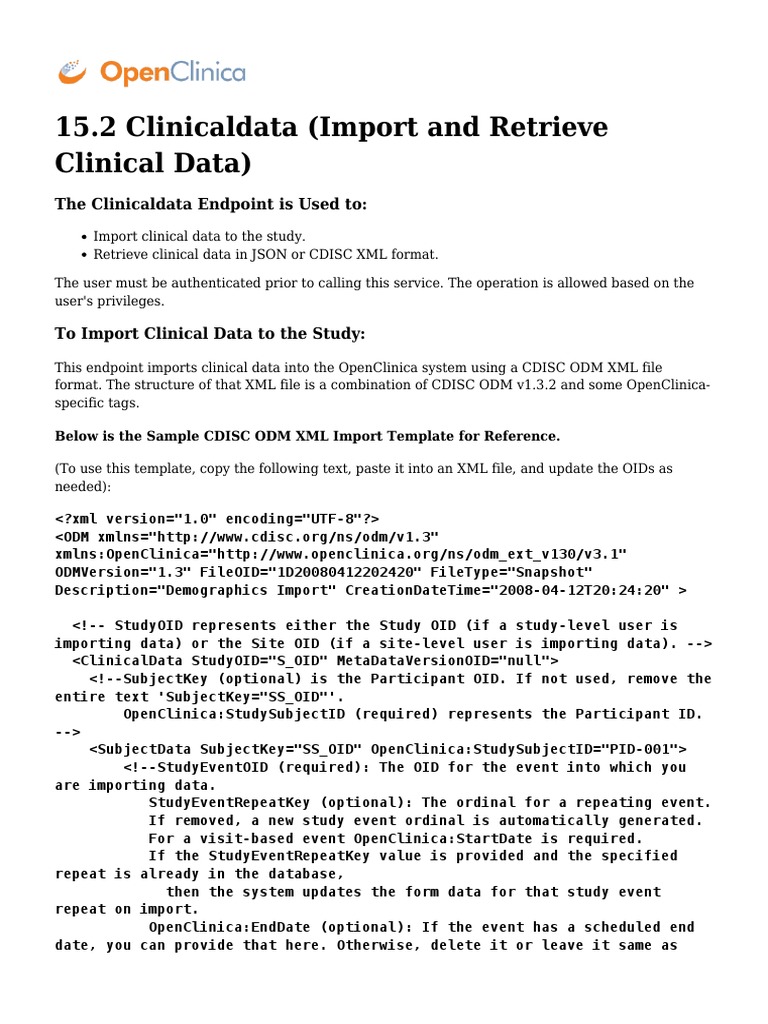 Clinicaldata (Import and Retrieve Clinical Data) | PDF | Xml | Json Clinicaldata (Import and Retrieve Clinical Data) | PDF | Xml | Json