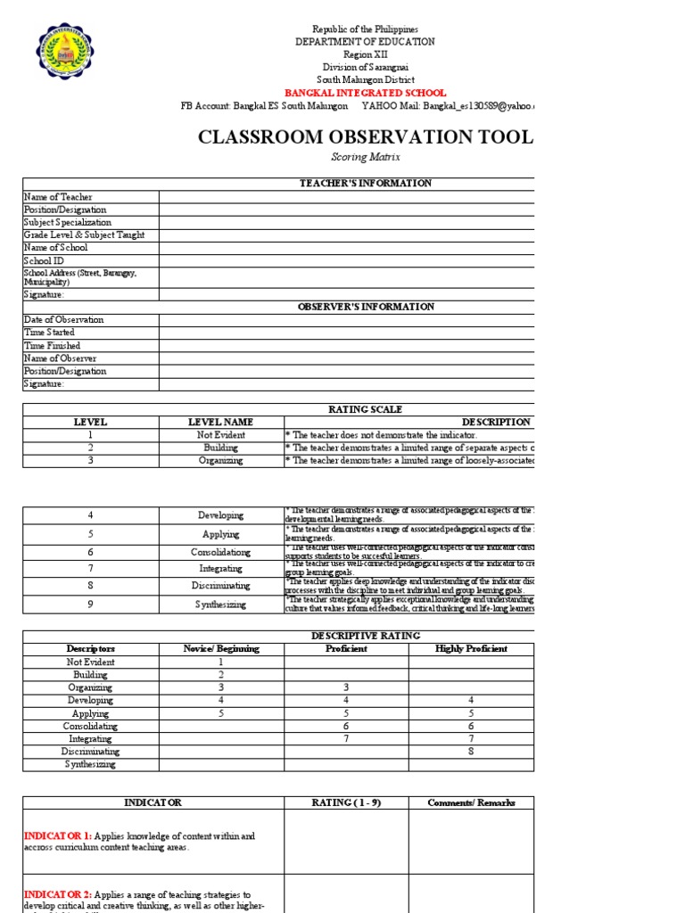 Classroom Observation Tool Rubric | PDF | Teaching Method | Learning