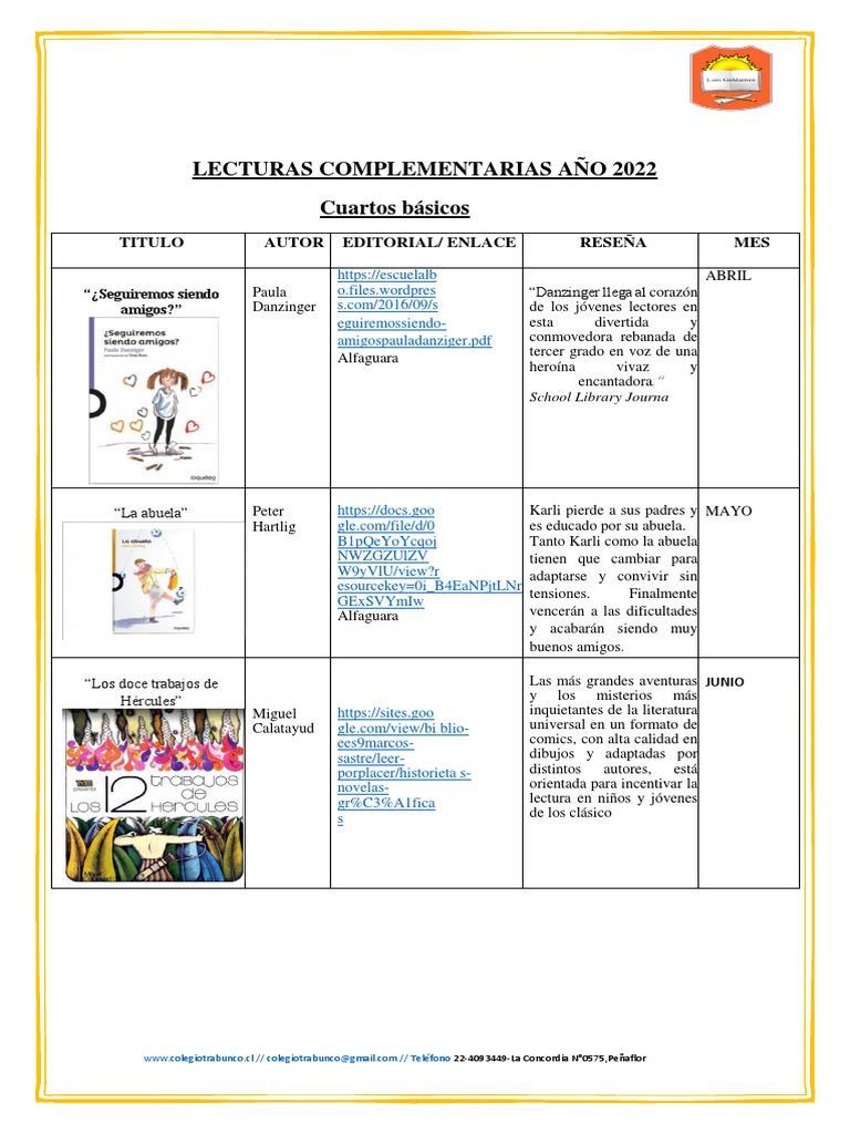 Lecturas Complementarias Anual 4Â°-Basico | PDF