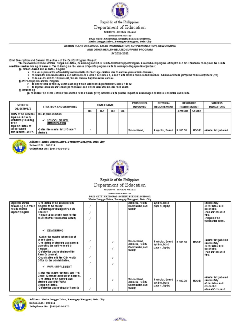 SCHOOL HEALTH ACTION PLAN BCNSHS | PDF | Health Policy | Vaccination