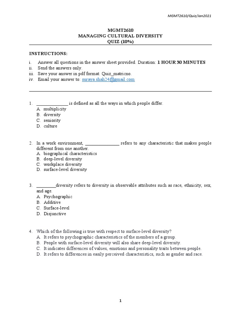 MGMT2610 Managing Cultural Diversity QUIZ (10%) Instructions | PDF ...