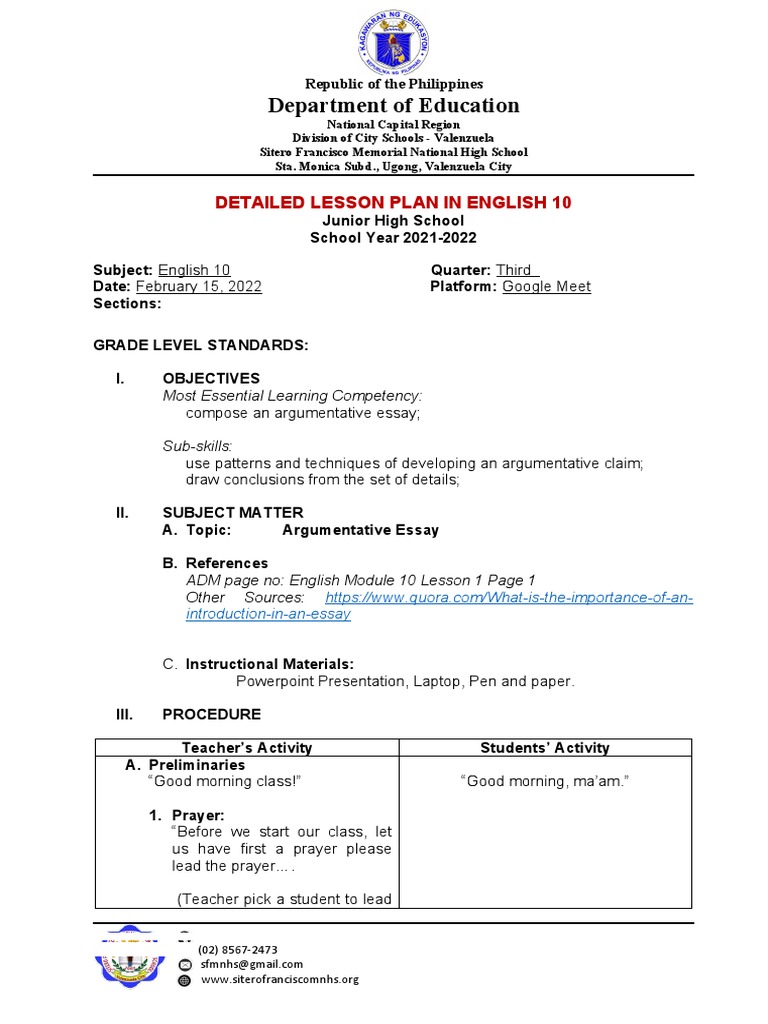 Department of Education: Detailed Lesson Plan in English 10 | PDF | Essays | Social Media