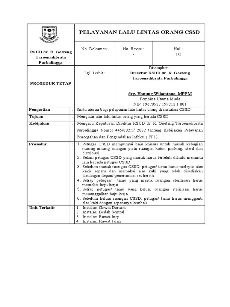 SPO Alur Orang CSSD | PDF