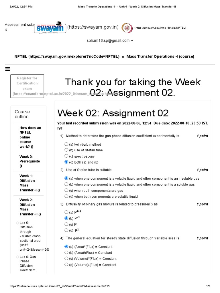 Mass Transfer Operations - I - Unit 4 - Week 2 - Diffusion Mass Transfer - II | PDF | Diffusion ...