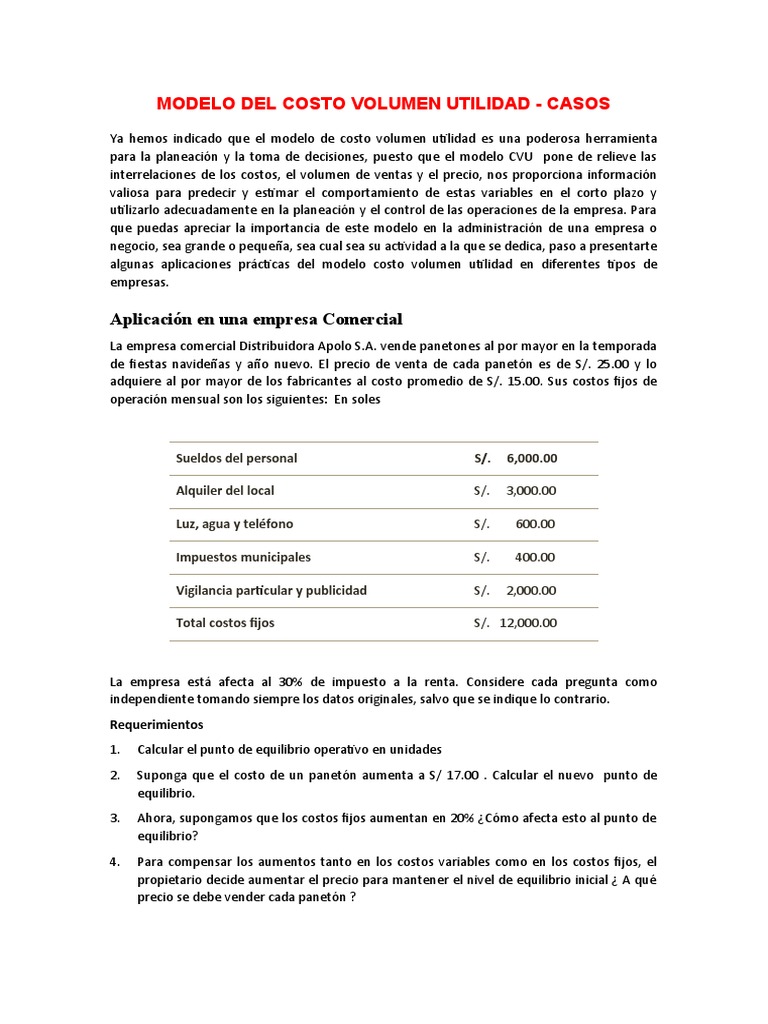 Casos Modelo Del Costo Volumen Utilidad | PDF | Estado de resultados | Business