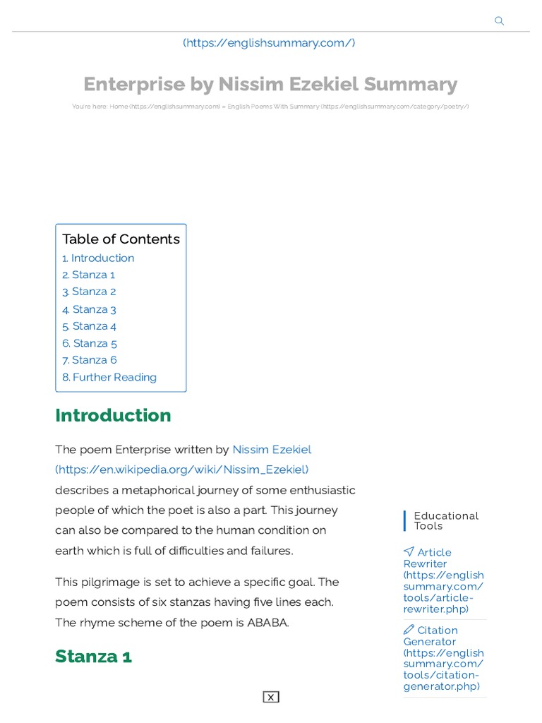 Enterprise Poem by Nissim Ezekiel Summary and Analysis | PDF | Poetry