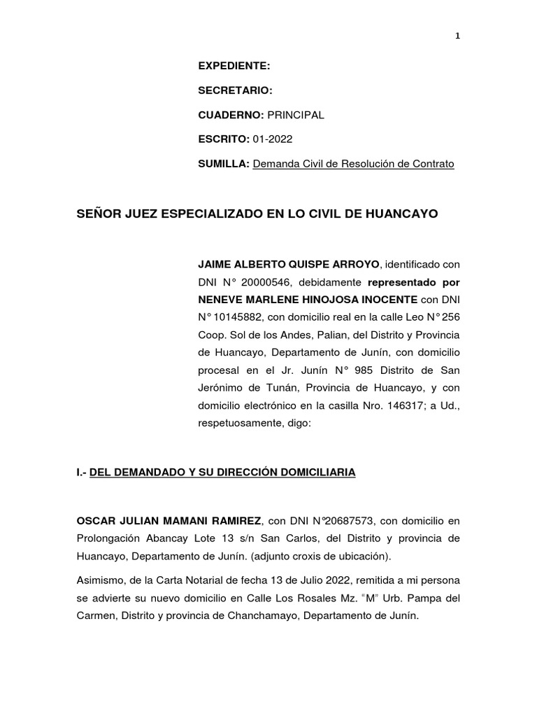 Demanda - Resolucion de Contrato-Marlene | PDF | Documentos legales | Derecho privado