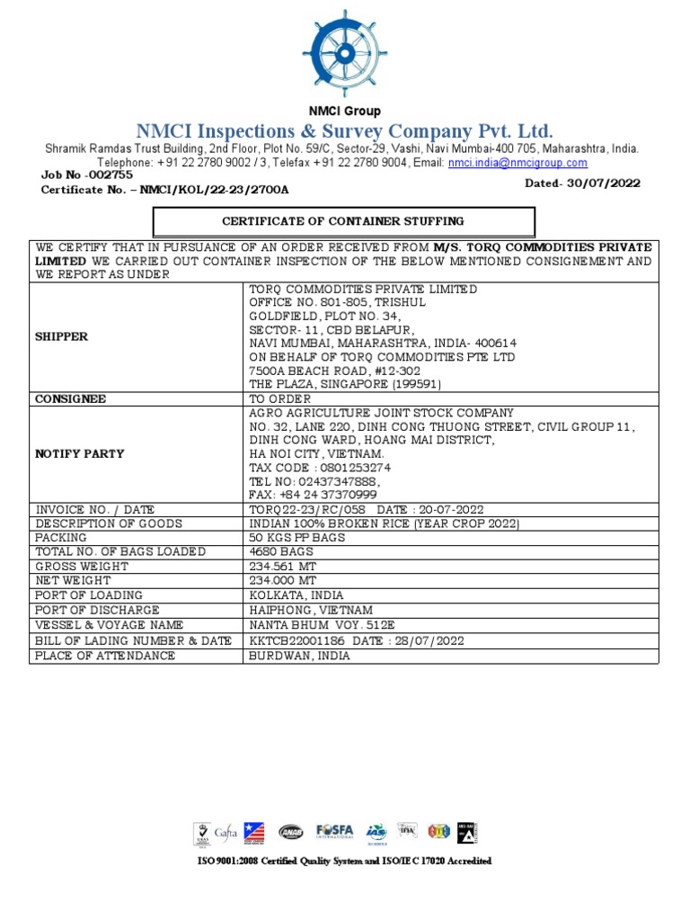 NMCI-2700A-Stuffing Certificate | PDF | Iso 9000 | Quality Management