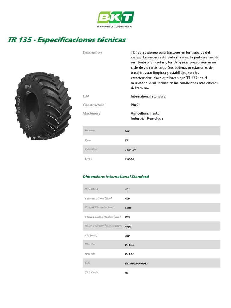 TR 135 Tractor Tyre Specs | PDF