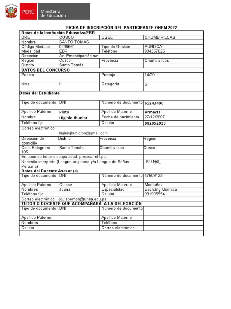 Ficha de Inscripcion de Onem 2022 Final | PDF