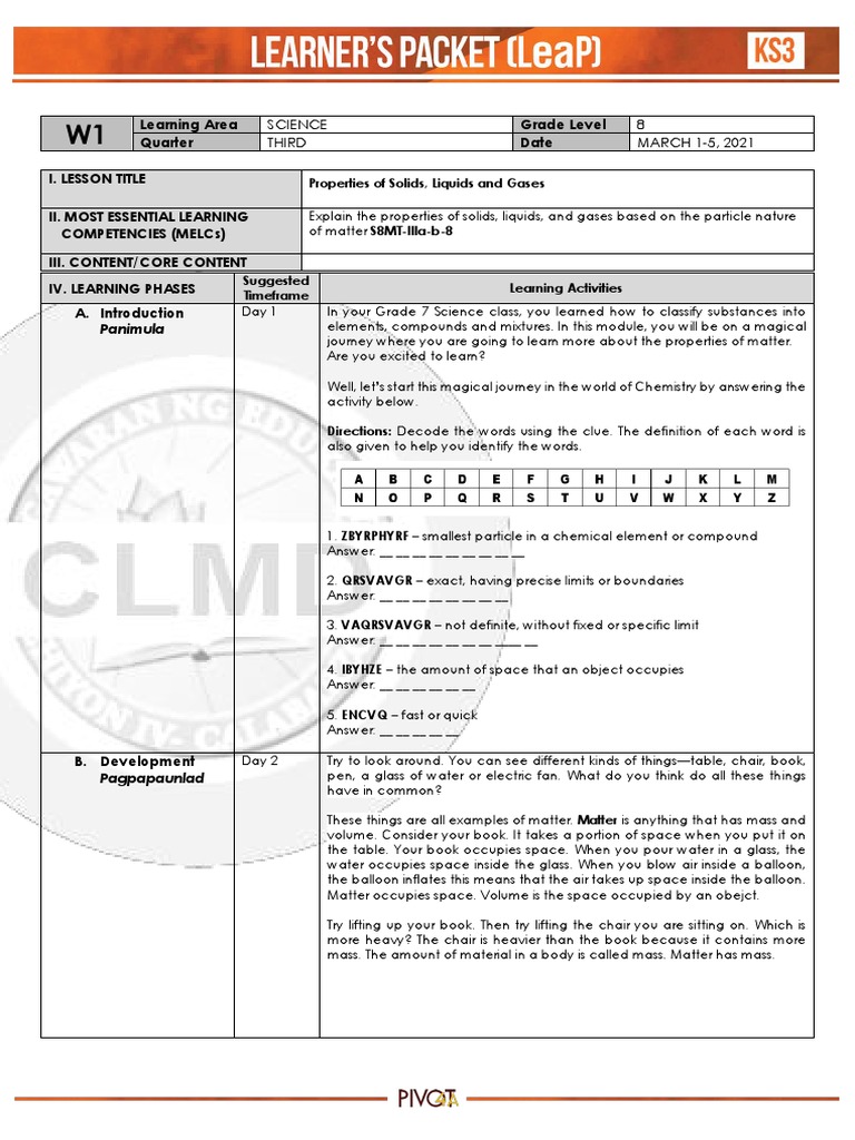 LeaP Science G8 Week 1 Q3 | PDF | Liquids | Matter