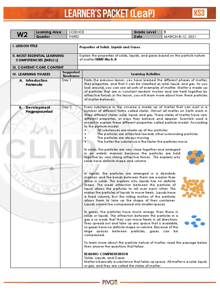 LeaP Science G8 Week 2 Q3 | PDF | Gases | Liquids