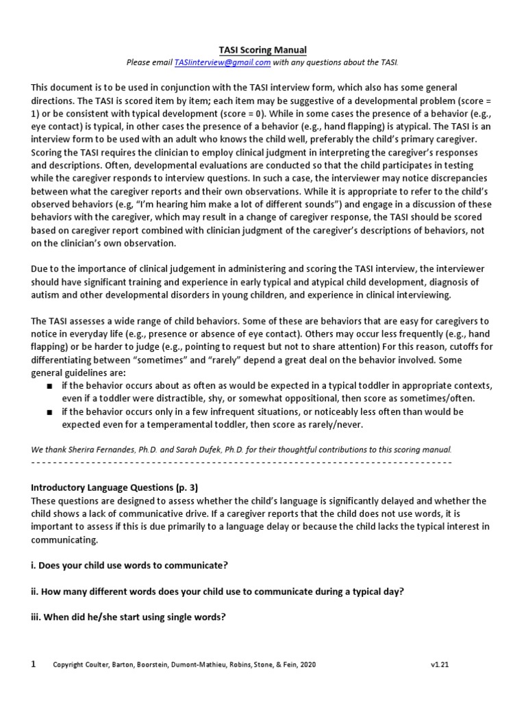TASI Manual v1.21 Clean | PDF | Perception | Sensory Processing Disorder