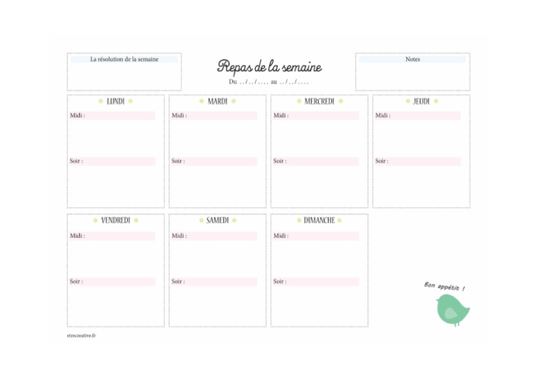 Planning Menus Semaine Vierge Imprimer | PDF