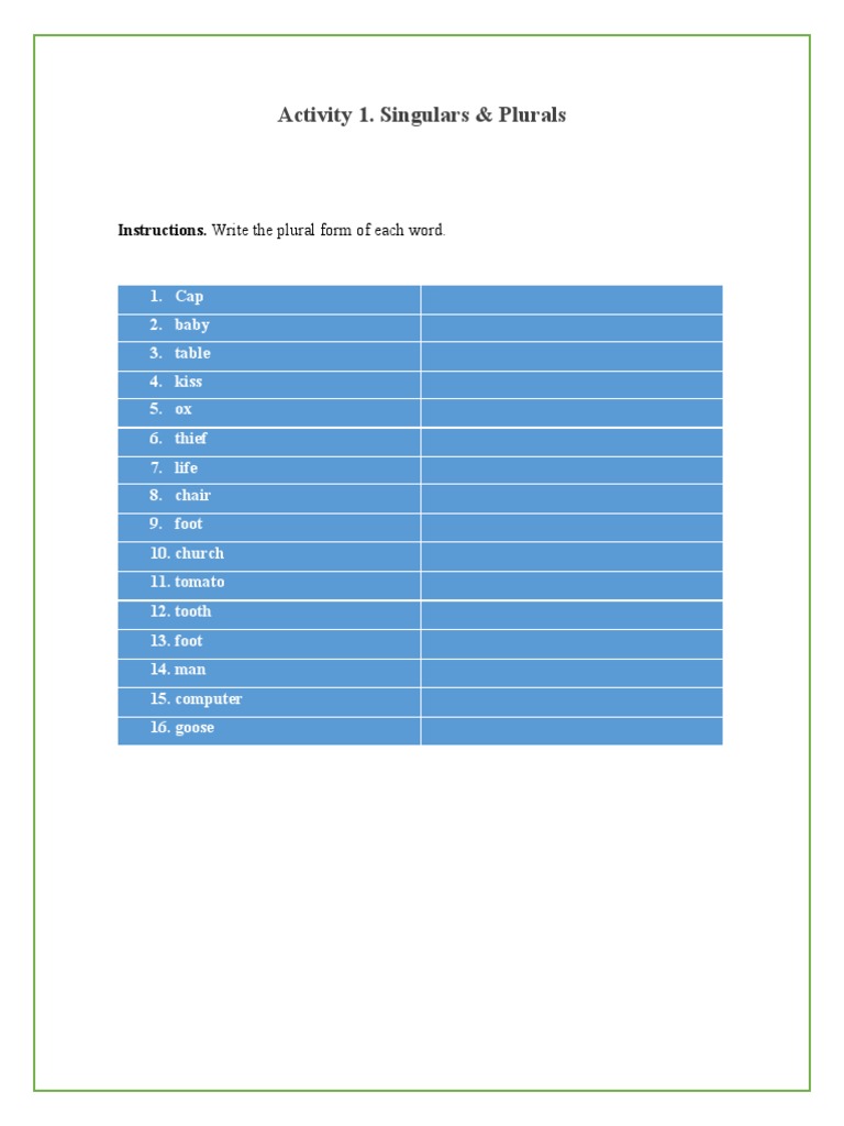 Activity 1. Singulars & Plurals: Instructions. Write The Plural Form of ...