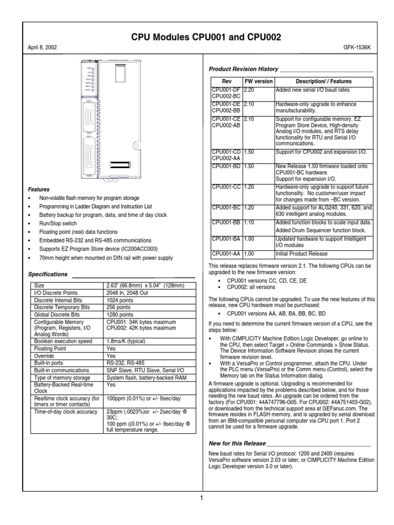 CPU Modules CPU001 and CPU002: Product Revision History | PDF | Electrical Connector ...