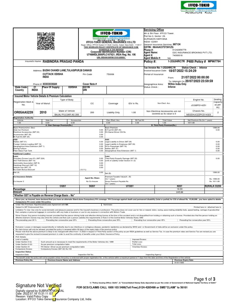 Rabindra Prasad Panda Policy #: P400 Policy #: Signature Not Verified ...
