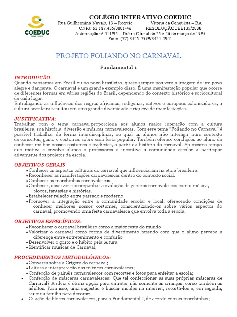 Projeto Bailinho de Carnaval | PDF | Carnaval | Brasileiros