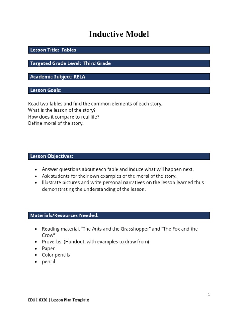 Lessonplaninductivemodel | PDF | Lesson Plan | Fable