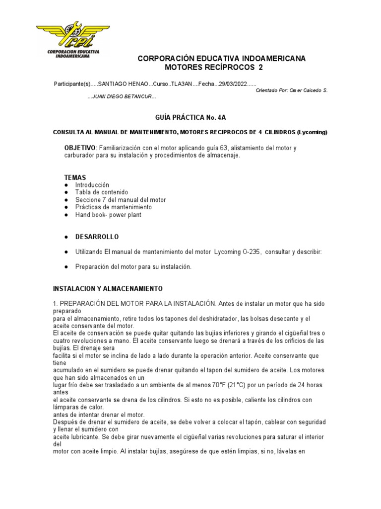 Guía Mantenimiento Motores Lycoming | PDF | Carburador | Partes de vehículo