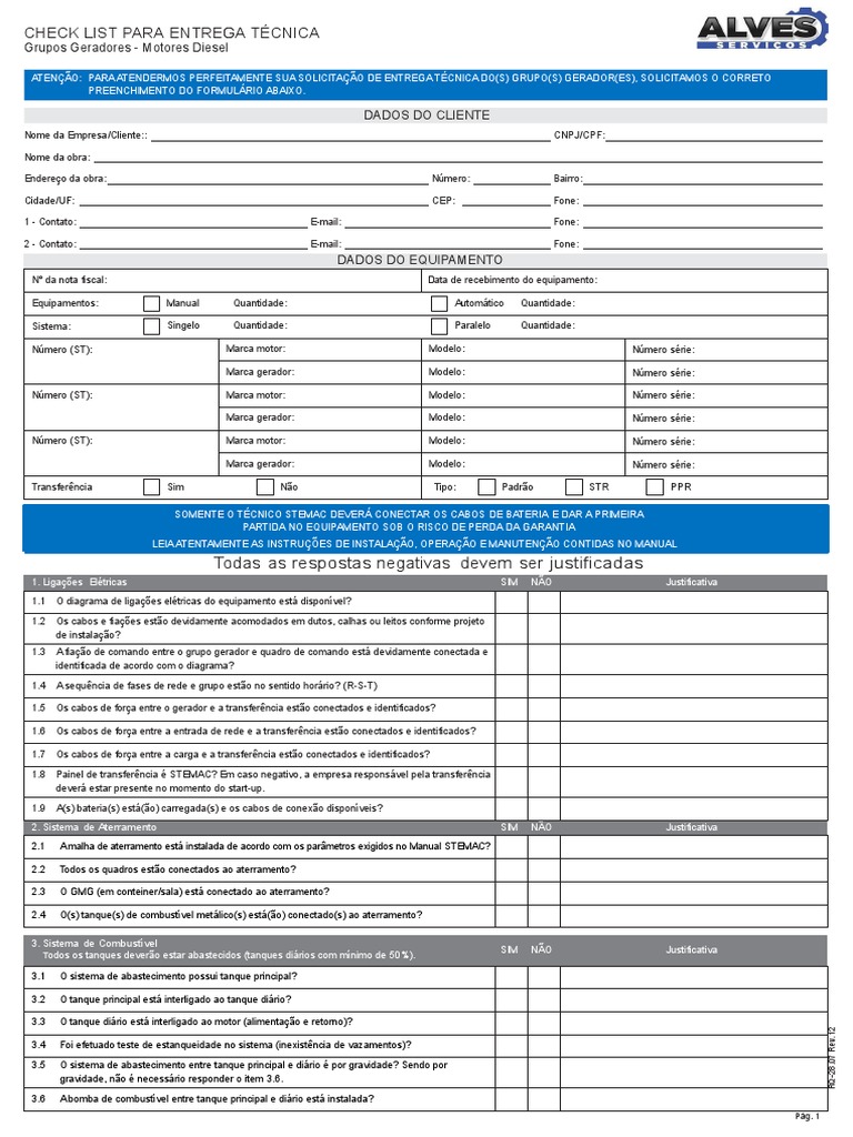 Checklist completo para entrega técnica de grupo gerador a diesel | PDF ...