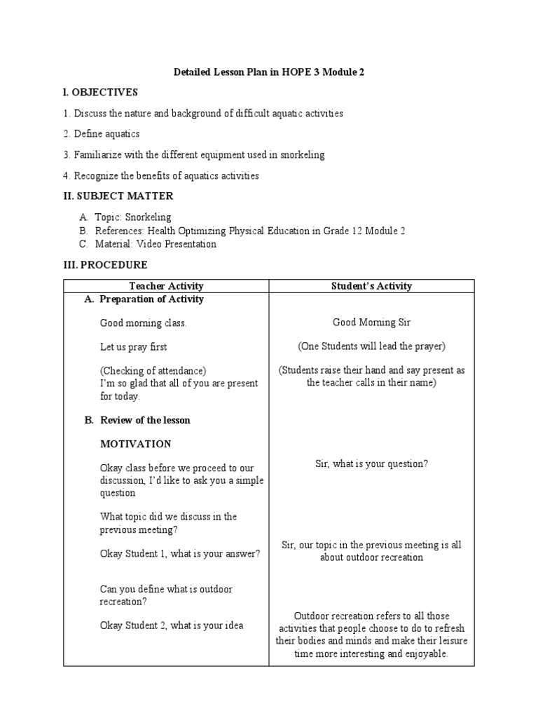 Detailed Lesson Plan in HOPE 3 Module 2 L. Objectives | PDF ...